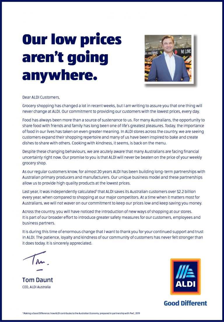 A letter to ALDI customers from ALDI CEO, Tom Daunt: Our low prices ...